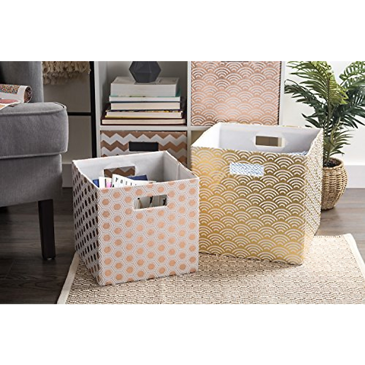 DII Collapsible Hard Sided Bin, Waves, Gold, Large