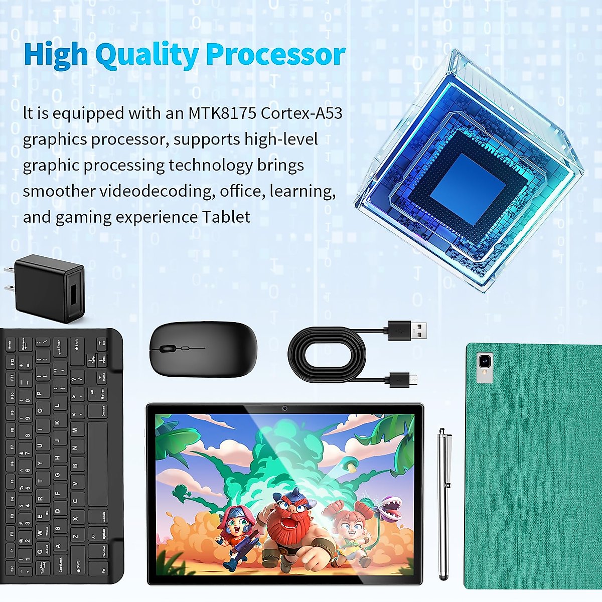 Android Tablet 2 in 1 Tablet, 10 inch Android 12 Tablet 6GB+64GB with Keyboard, Tablets with Case Mouse Stylus,512GB Expandable Dual Camera, WiFi, Bluetooth, GMS Certified Tablet PC(Green)
