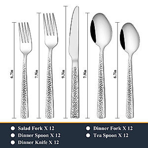Paincco 60-Piece Hammered Silverware Set for 12, Stainless Steel Square Flatware Cutlery Set, Eating Utensils Sets Include Knife Fork Spoon, Modern Design & Mirror Polished - Dishwasher Safe