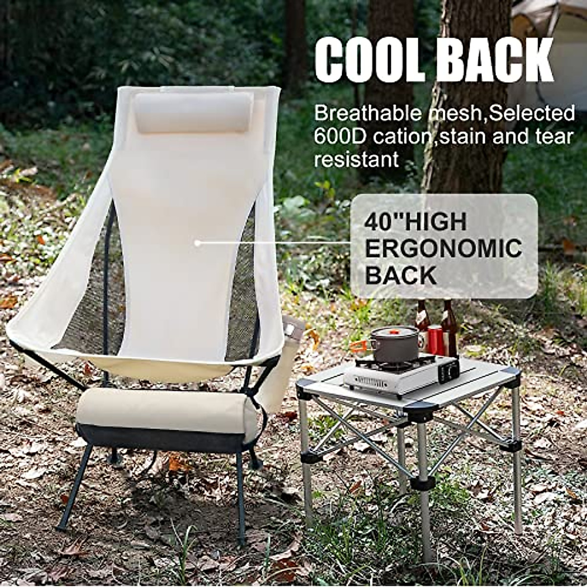 WEST TUNE Ultralight Folding Camping Chair with Headrest, High-Back Aluminum Portable Camping Chair,Backpacking Chair for Festivals Fishing Picnic and Hiking,Breathable Outdoor Camp Chair,Beige 2 pcs