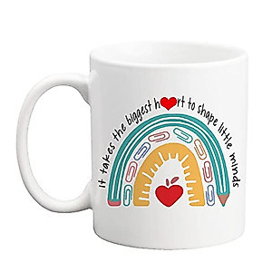 Qsavet Teacher Gifts Coffee Mug, It Takes The Biggest Heart To Shape Little Minds, Best Teacher Mug, Appreciation Birthday Gifts, Thank You Gifts, Funny Gift Idea For Women, Men, Teacher 11oz Tea Cup