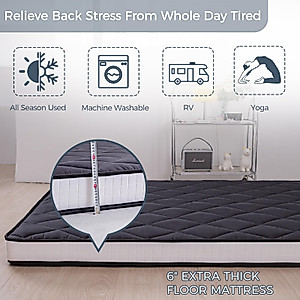 MAXYOYO 6" Extra Thick Futon Floor Mattress, Full Size Diamond Pattern Tatami Pad for Adults, Japanese Roll Up Guest Bed, Black