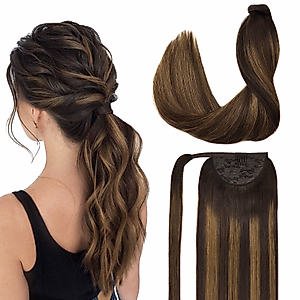 DOORES Hair Extensions Ponytail Extensions Human Hair Balayage Dark Brown to Chestnut Brown 18 Inch 80g Wrap Around Ponytail Remy Hair Extensions Clip in Straight with Magic Paste Heat Resistant