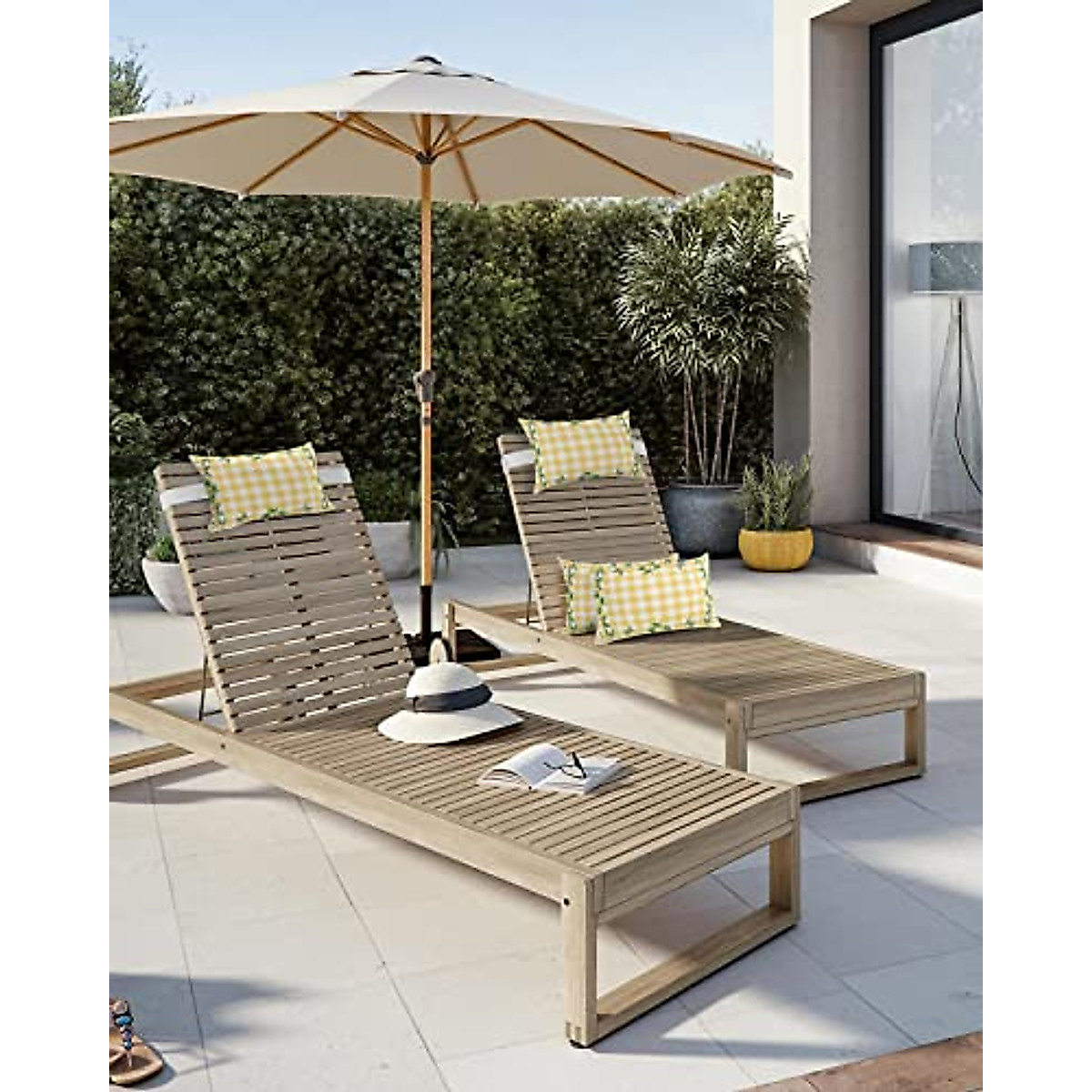 Recliner Head Pillow Ledge Loungers Chair Pillows with Insert Summer Lemon Leaves Yellow Plaid Lumbar Pillow with Adjustable Strap Outdoor Waterproof Patio Pillows for Beach Pool Chair, 2 PCS