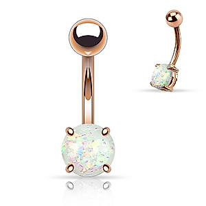FIFTH CUE 14G Opal Glitter Prong Set Rose Gold IP Over 316L Surgical Steel Belly Button Ring (White)