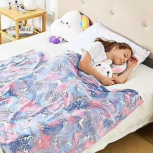 SOCHOW Butterfly Glow in The Dark Blanket for Daughters, Toys for 3-10 Year Old Birthday Presents, Soft Cozy Flannel Throw Blanket for Preteens Teens, Purple 50 x 60 Inches