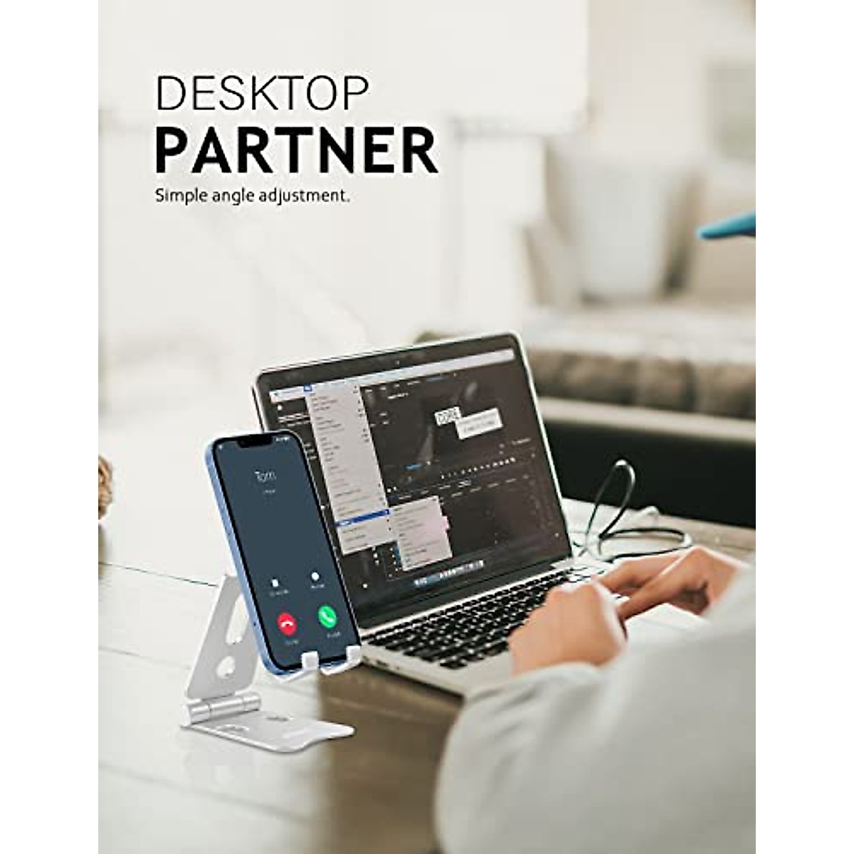 Aoviho Adjustable Phone Stand Holder Cell Phone Holder, Updated Fully Foldable Desk Dock Cradle for iPhone 12 13 11 Pro X XR XS max 8 7 6 Plus Samsung iPad Mini Kindle (Silver)