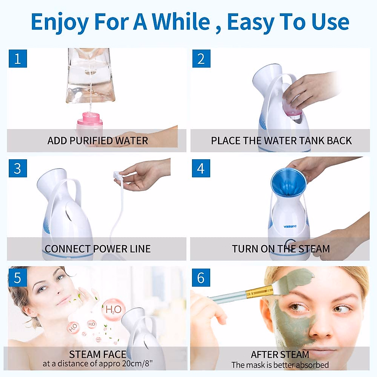 Facial Steamer, VillSure Nano Ionic Face Steamers for Facial, 100ml Portable Home Facial Humidifier Warm Mist Steam Face Machine Sauna SPA Face Steaming Skincare with Face Brushes and Hair Band