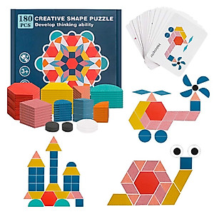 RAEQKS 180Pcs Wooden Pattern Blocks Set Brain Teaser Puzzle Tangrams Educational Montessori Toys Stem Kindergarten Preschool Learning Game with 24Pcs Flash Cards Gifts for Toddlers Kids Boys Girls