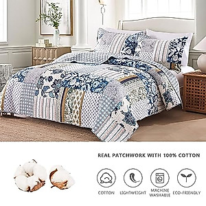 Secgo Quilt King Size - 100% Cotton Bedding Set (98 * 106 Inch) with 2 Pillow Shams, Patchwork Reversible Lightweight Bedspread, Quilted Coverlet Fit All-Season