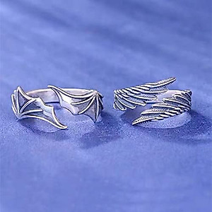 Mansheng Matching Rings for Couple Best Friends Personality Angel Devil Wing Open Adjustable Rings Promise Rings for Her Him Wing Shaped Hugging Protection Jewelry