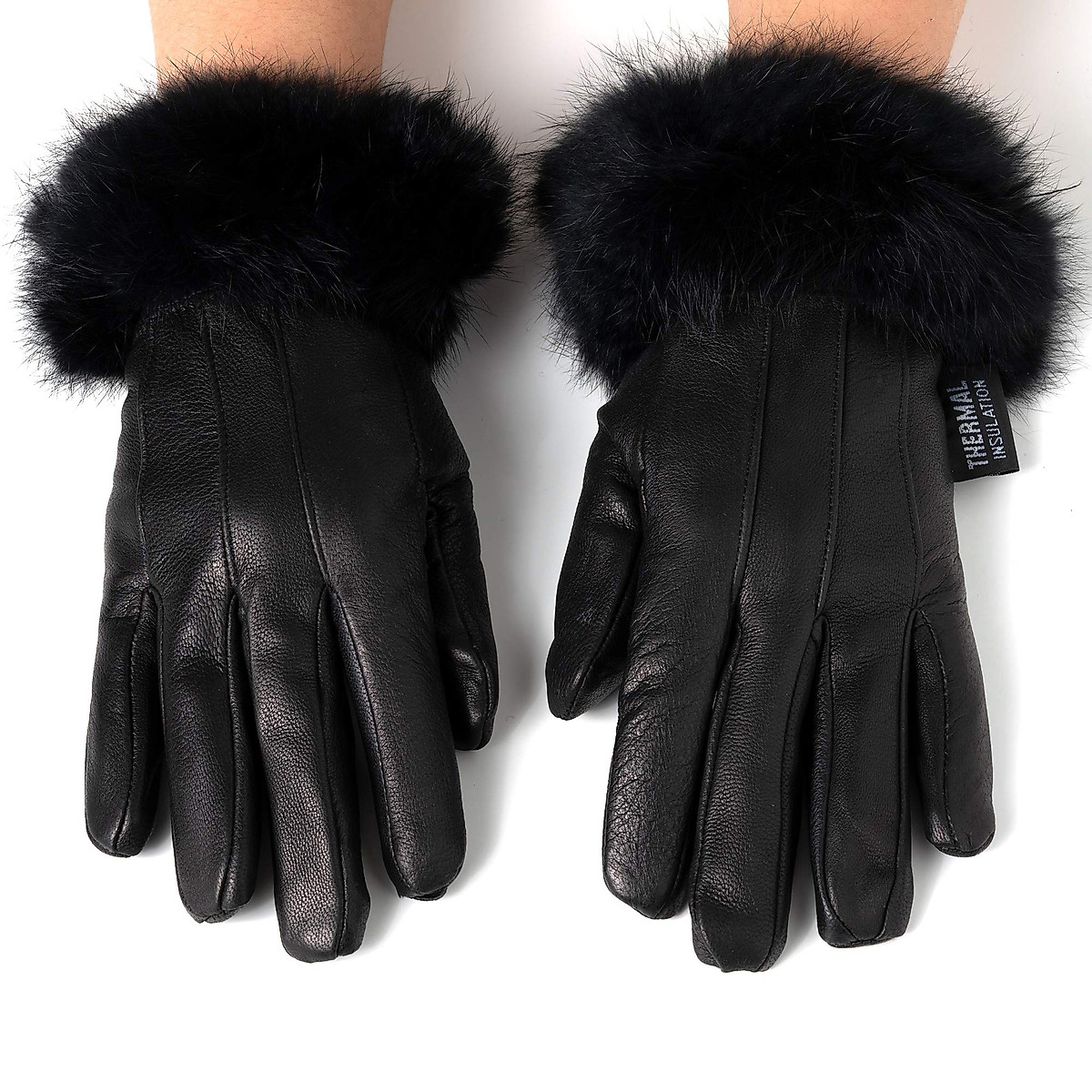 Alpine Swiss Womens Leather Dressy Gloves Faux Fur Trim Cuff Thermal Lining Black Medium