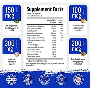 Thyroid Support Supplement for Women and Men - Energy & Focus Support Formula - Vegetarian & Non-GMO - Iodine, Vitamin B12 Complex, Zinc, Selenium, Ashwagandha, Copper, Coleus Forskohlii, & More 30 Day Supply
