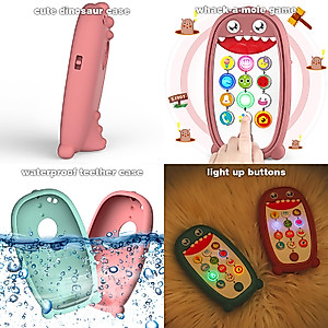 Baby Dinosaur Cell Phone Toy Removable Soft Teether Case, Lights, Music & Adjustable Volume Kids Play & Learn Pretend Phone Infant Toddler, Preschool Holiday Birthday Gift Girl Boy 18 Months (Brown)