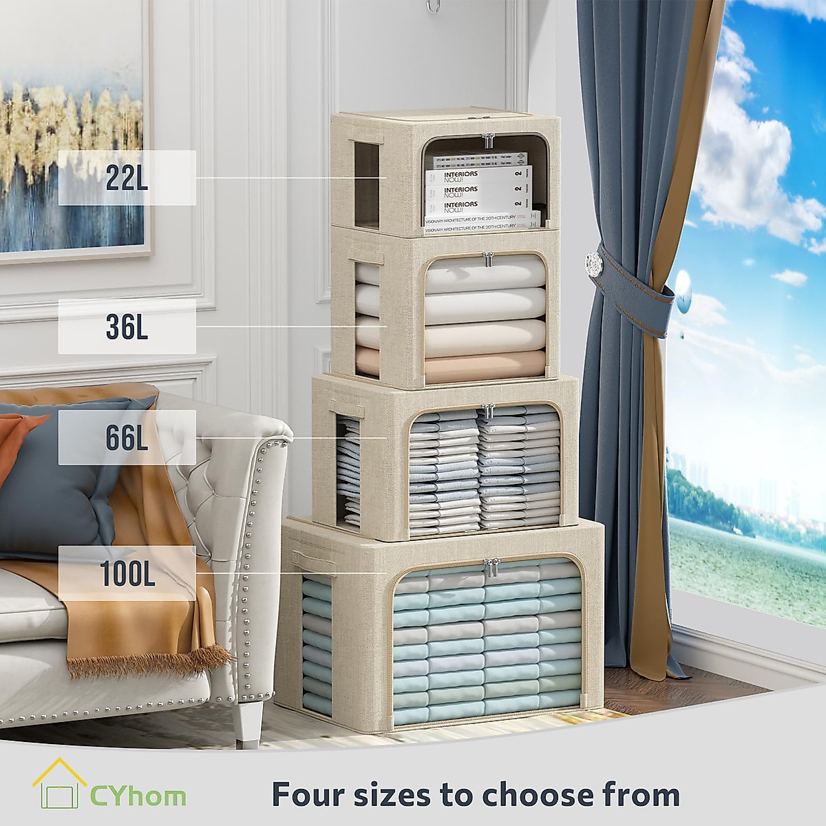 3Pack Foldable Storage Bins - Frame Storage Box Linen Fabric Stackable Clothes Container Organizer with Clear Window & Carry Handles Large Capacity (Large-66L, Beige)