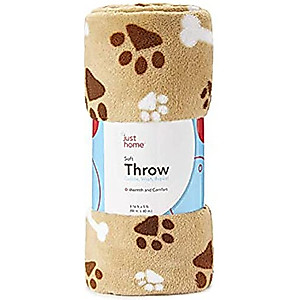 JustHome Fun Print Soft Cozy Lightweight 50 x 60 Fleece Throw Blanket (Tan with Brown and White Puppy Paw and Bone)