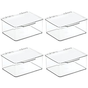 mDesign Plastic Kitchen Pantry and Fridge Storage Organizer Box Containers with Hinged Lid for Shelves or Cabinets, Holds Food, Snacks, Canned Drinks, Seasoning, Condiments, or Utensils, 4 Pack, Clear