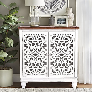 PHI VILLA Accent Cabinet with Doors Hollow-Carved Cabinet Farmhouse Antique Cabinet Credenza Buffet Cabinet for Entryway Living Room Storage Cabinet White
