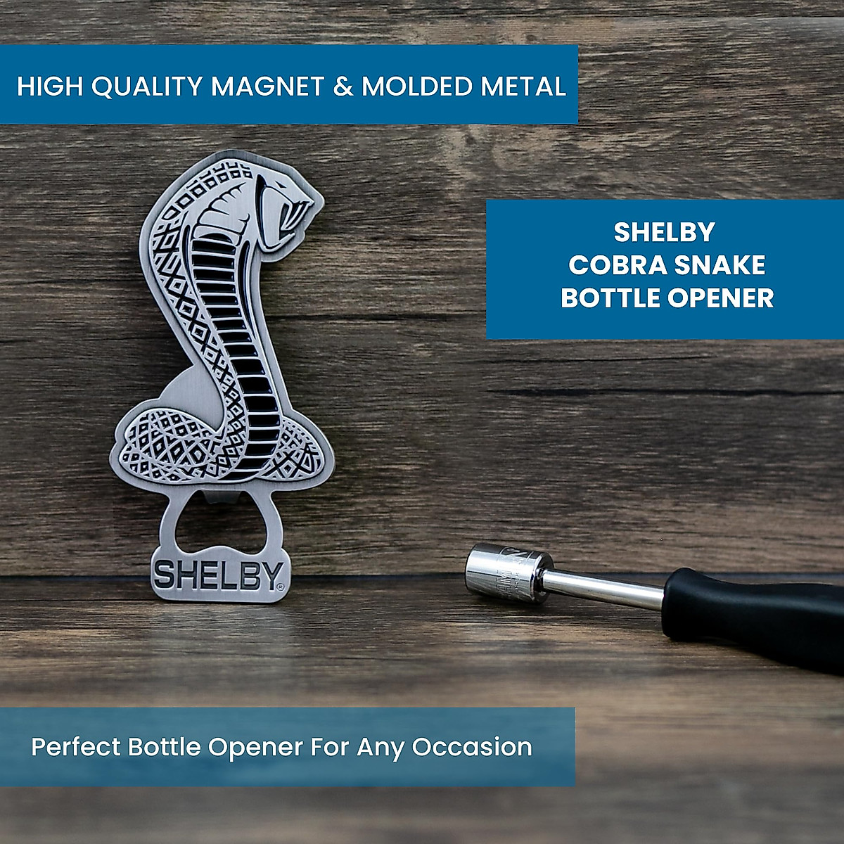 Shelby Cobra Snake Magnetic Bottle Opener | Meaures 2.1 inches by 5.3 inches | Molded Metal | Antique Tin Plating