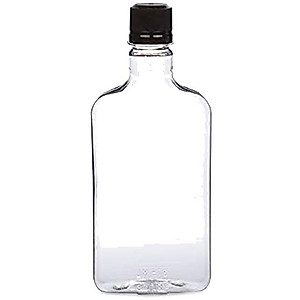 Pellah 375 ml (12.7 Oz.) Plastic Flask PET Clear Bottle For Beverage Liquor Sauce Juice Honey With Tamper Evident Seal(24 Pack) (Black Lids)