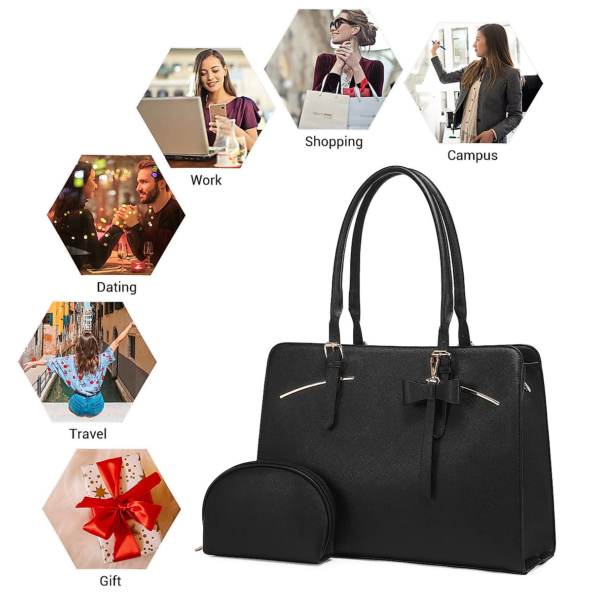 LOVEVOOK Laptop Bag for Women Work, Large Leather Laptop Tote Bag, 15.6 Inch Briefcase Purse Computer Bag with USB Charging Port, Business Office Handbag Shoulder Bag 2pcs Set, Black