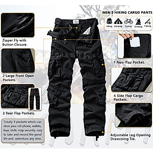 AKARMY Men's Casual Relaxed Fit Cargo Pants with Pockets, Outdoor Camo Cotton Work Pants for Men(No Belt) 3354 Black 36