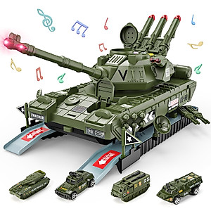 CUTE STONE Military Vehicles Set, Tank Toy Set with Realistic Light and Sound, Rotating Turret and Missile, 4 Pack Assorted Alloy Army Vehicles, Great Military Toy for Kids Boys