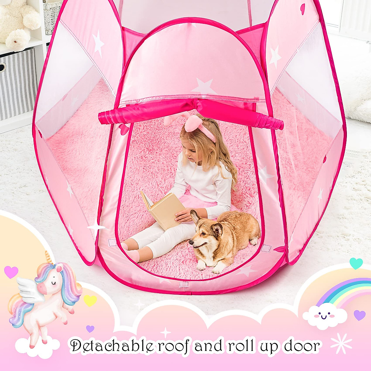 Princess Castle Girls Play Tent with Rug Pop Up Play Tent for Toddlers Kids DISHIO Playhouse Toys for 1 Year Old Birthday Gift Fairy for Girls with Lights Indoor Outdoor Kids with Mat