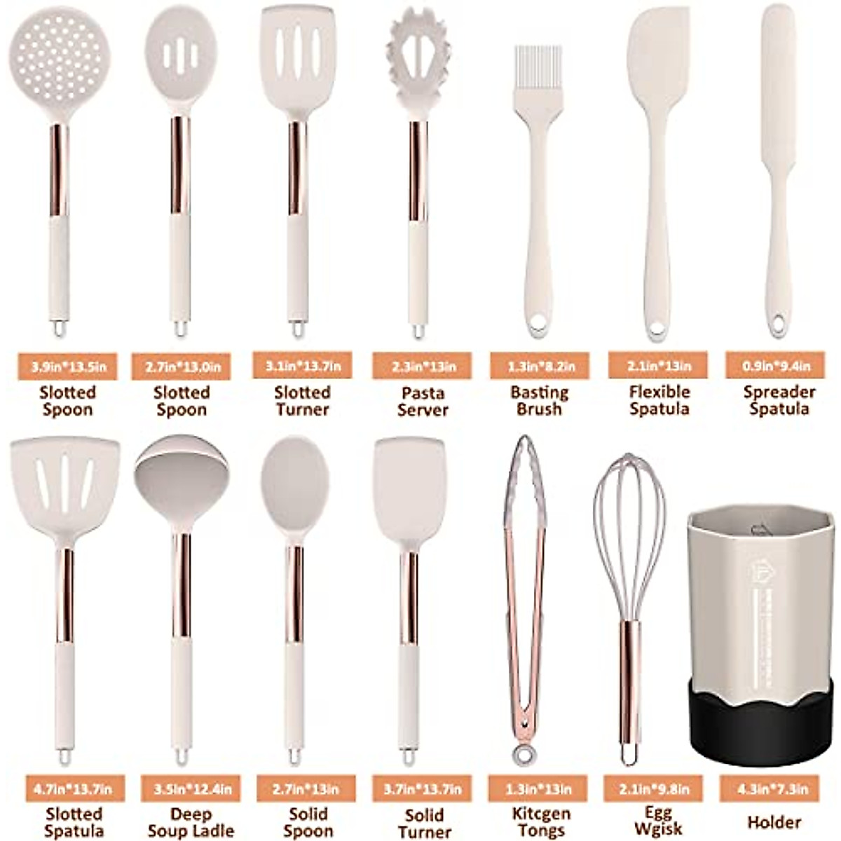 Silicone Cooking Utensil Set, Fungun Kitchen Utensils Set with Copper Handle 24 Pcs Kitchen Gadgets Tools Set, Non-stick Heat Resistant Kitchen Spatulas Set - Khaki…