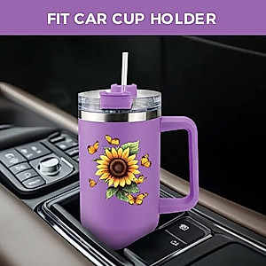 LB LEOBON 40 ounce insulated cup with handle, double-layer vacuum stainless steel material, equipped with straw, can keep warm or maintain cold drinks Spring Flowers Deep purple
