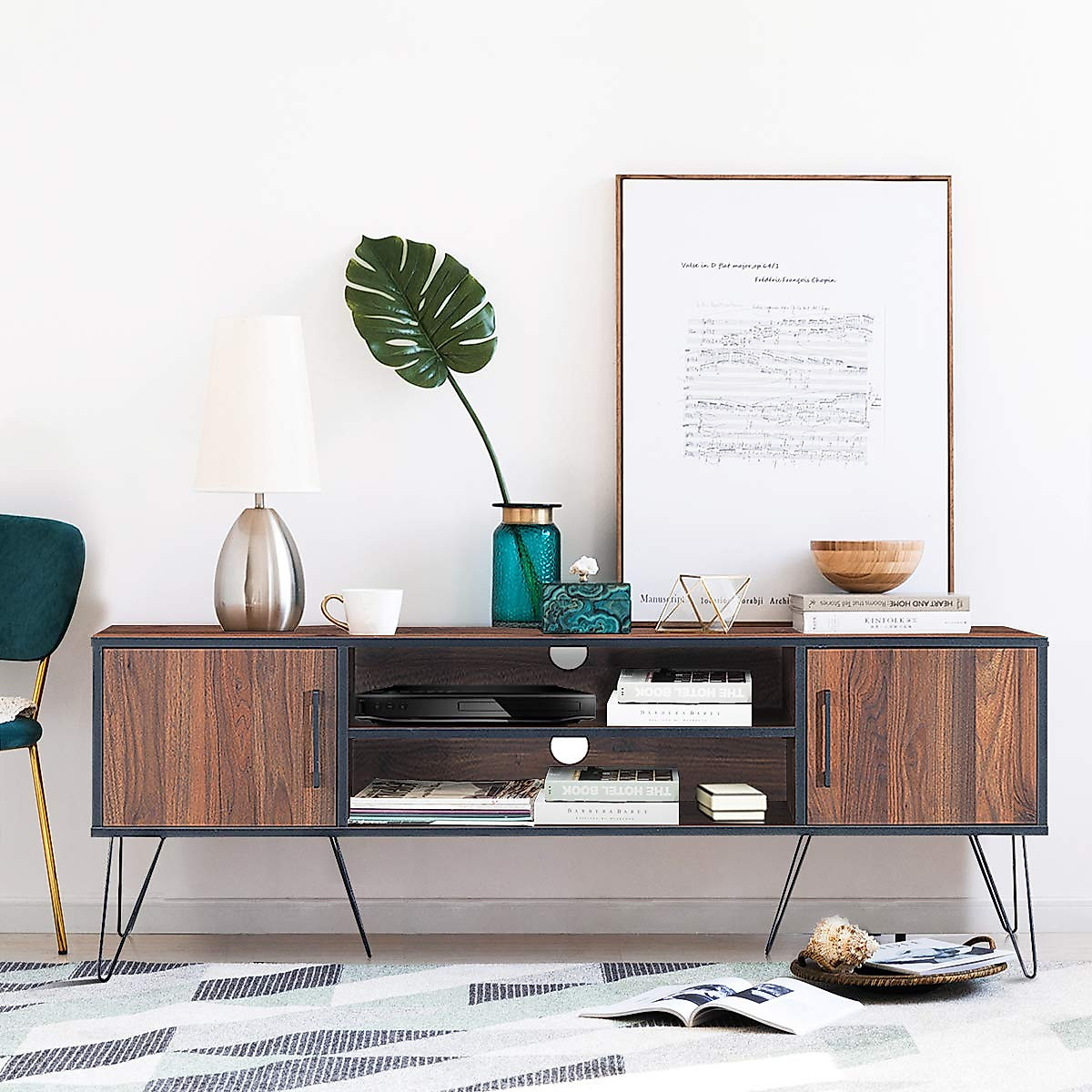 Tangkula Retro TV Stand with 6 Metal Legs, Modern Entertainment Center for TVs up to 65 Inch, TV Console Table w/ 2 Cable Holes, Adjustable Shelf, Media Storage Cabinet for Living Room, 59 Inch