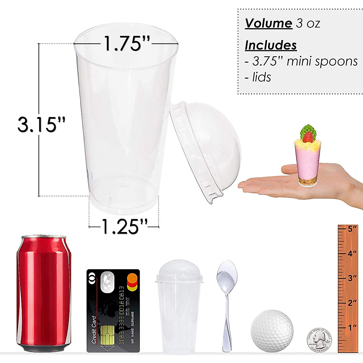 DLux 50 x 3oz Mini Dessert Cups with Lids & Spoons, Shooter - Clear Plastic Parfait Appetizer Cup - Small Reusable Cups for Tasting Party Desserts Appetizers - With Recipe Ebook