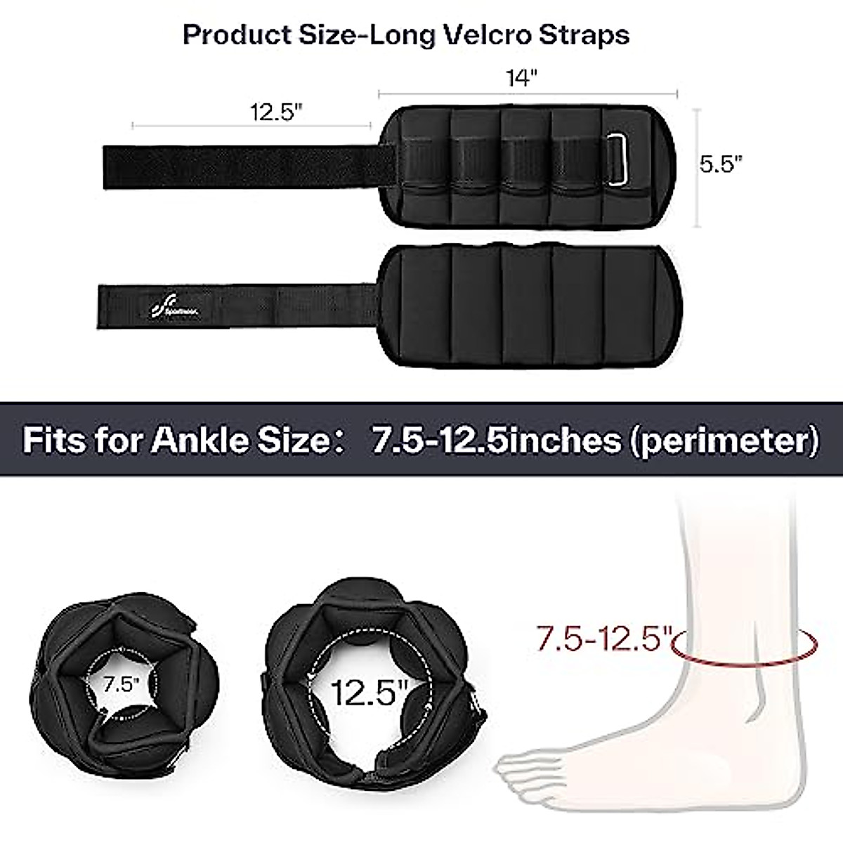 Sportneer Adjustable Ankle Weights 1 Pair 2 4 6 8 10 Lbs Leg Weight Straps for Women Men, Weighted Ankle Weights Set for Gym,Fitness, Workout,Walking, Jogging,1-5 lbs for Each Ankle, 1 Pair 2-10 lbs (Black)