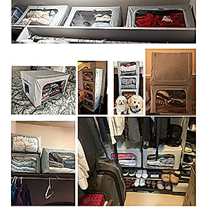 Clothes Storage Box Bins Stackable Foldable Organizer,Sturdy Handles with Metal Frame for Clothing Bedding Shelves,Closet Container with Clear Window Zipper and Label Holder (Gray,Small-40L x3 Pack)