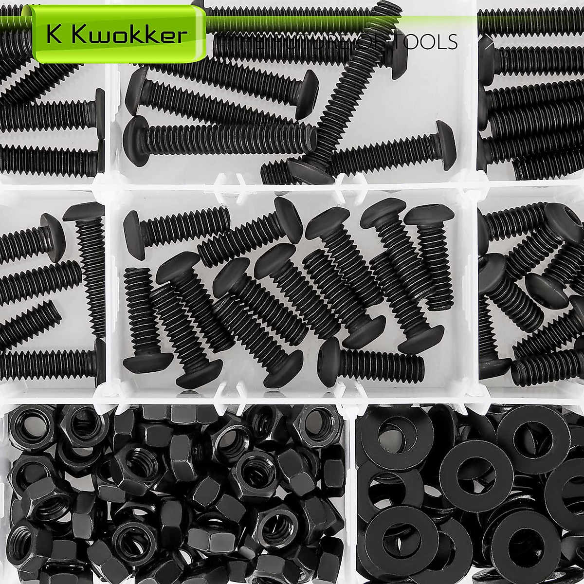 K Kwokker 1/4 20 Bolt and Nuts, 7 Sizes are 2", 1-1/2", 1-1/4", 1", 3/4", 5/8", 1/2", Button Head Hex Socket Cap Screws, Black, Full Machine UNC Thread, with Washers for Screws, 219Pcs Totally