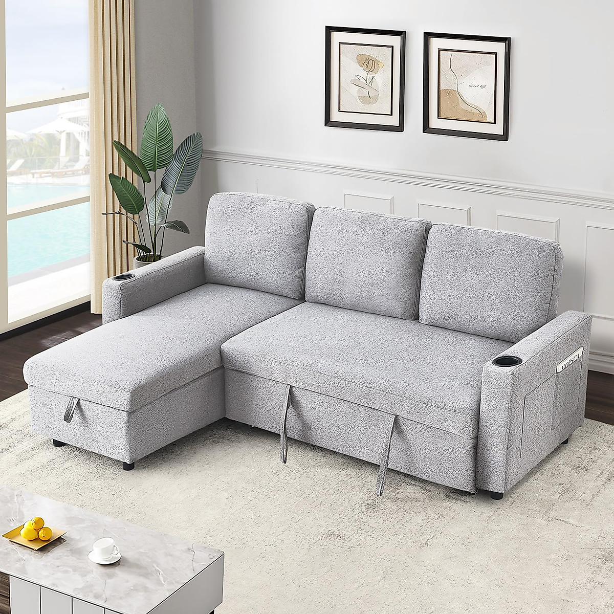 Antetek Reversible Sectional Sofa Couch with Pull-Out Bed, Modern Linen L-Shaped Sleeper Sofa Bed with Storage Chaise/Cup Holder/Side Pocket, Furniture Set for Living Room, Small Space, Light Grey