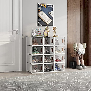 Closacessy 6 Pack Shoe Box Clear Platic Stackable Shoe Storage Containers, Drop Front Sneaker Storage Space Saving Shoe Organizer Box, Fit Up to Size 14 White