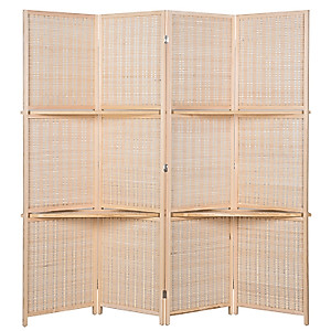 RHF 6 ft Tall (Extra Wide) Beige Woven Bamboo Room Divider&Room dividers and Folding Privacy Screens,Partition Wall, with 2 Display Shelves&Room Divider with Shelves-Bamboo -4 Panels 2 Shelves