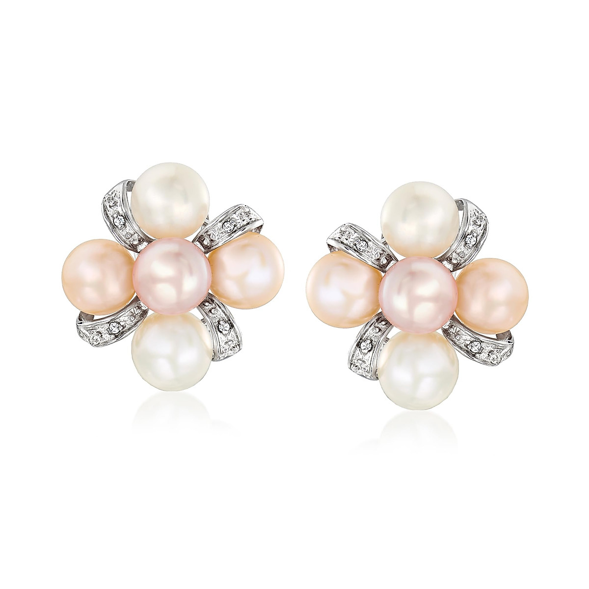 Ross-Simons 7-7.5mm Multicolored Cultured Pearl Earrings With Diamonds in Sterling Silver