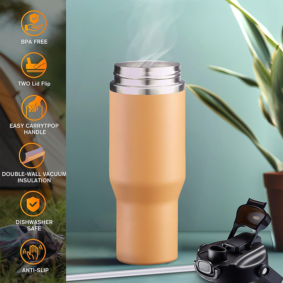 POPOACTI Insulated Tumbler,34 oz Stainless Steel Water Bottle, BPA-Free, Double-Walled Vacuum, Flip Straw for Travel, Keeps Drinks Hot & Cold for 12 Hours,For Travel, Gym & Office (Peach)