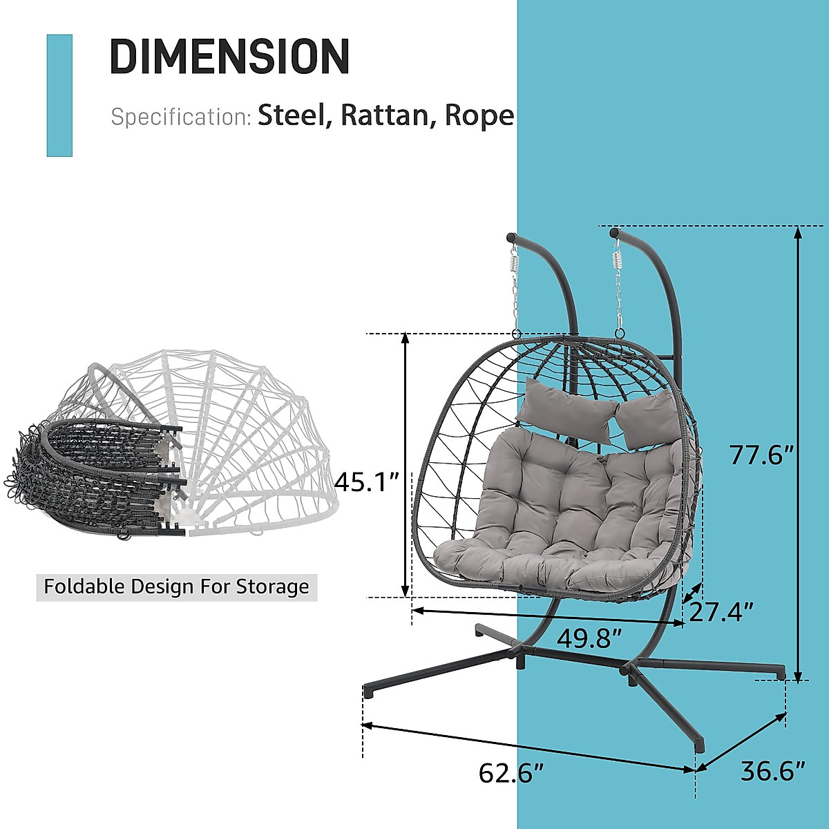 Patiorama 2 Person Double Egg Swing Chair with Stand Indoor Outdoor, Patio Wicker Rattan Hanging Egg Chair w/Cushion, Pillow, Foldable Hammock Chair 550lbs for Bedroom, Balcony, Garden (Light Grey)
