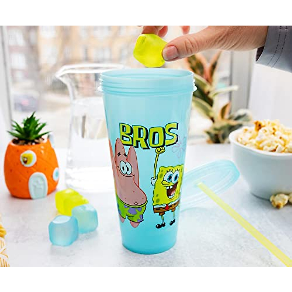 SpongeBob SquarePants "Bros" Color-Changing Plastic Travel Tumbler | Includes Reusable Straw, Leak-Resistant Lid, Fake Ice Cubes | Holds 24 Ounces