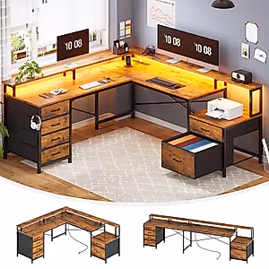 SEDETA L Shaped Desk with 6 Drawer, 108" Home Office Desk with File Drawer & Power Outlet, Corner Computer Desk with Monitor Shelf, Two Person Desk, Gaming Desk with Led Lights, Rustic Brown
