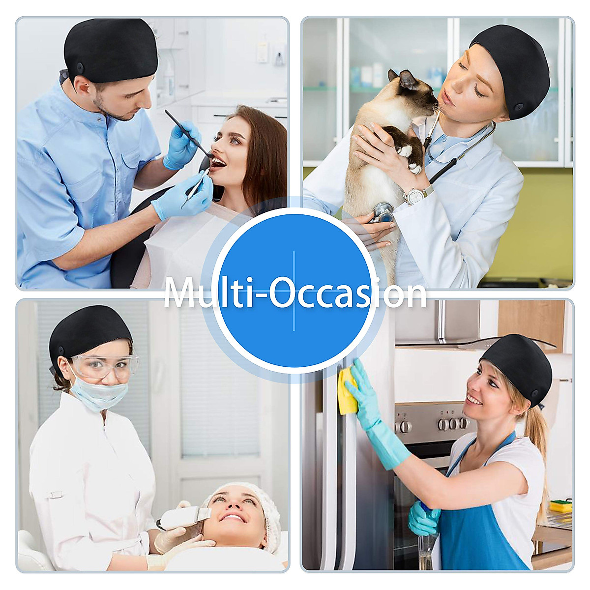 QBA Adjustable Working Cap with Button, Cotton Working Hat Sweatband, Elastic Bandage Tie Back Hats for Women & Men, One Size (2 Pack: Black 2 PCS)