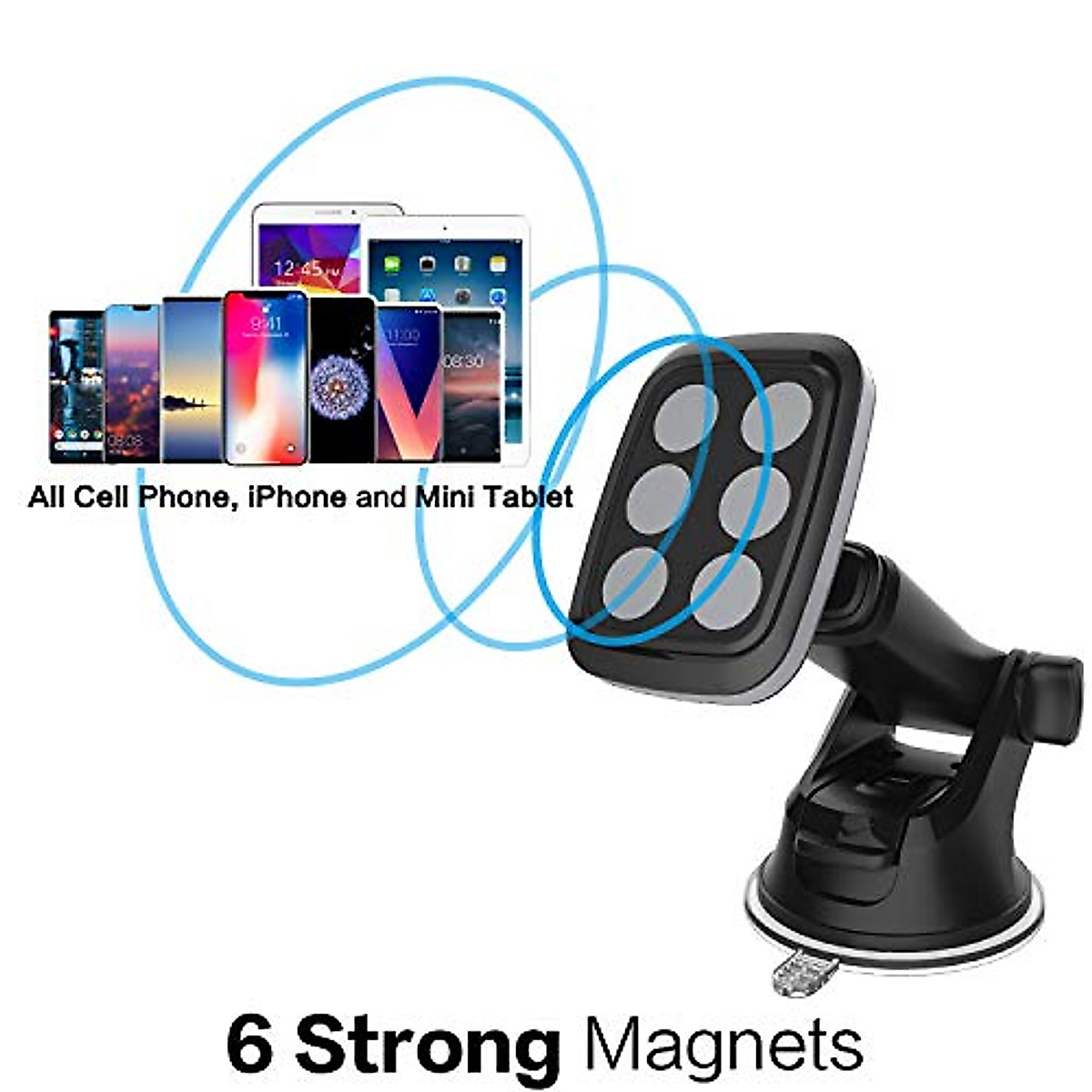 1Zero Magnetic Phone Car Mount with Quick Extension Telescopic Arm, Hands-Free Windshield Dashboard Cell Phone Holder for Car Compatible with iPhone Smartphone, Sticky Suction Cup, 6 Strong Magnets