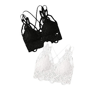 Floerns Women's Sexy Lace V Neck Criss Cross Back Bralette Crop Top Black White S