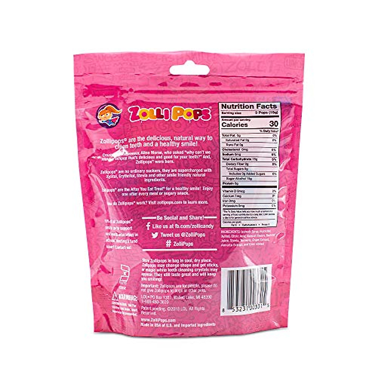 Zollipops Clean Teeth Lollipops AntiCavity Sugar Free Candy with Xylitol for a Healthy Smile Great for Kids Diabetics and Keto DietStrawberry 3.1oz, Strawberry, 15 Count