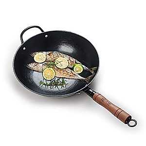 臻三环 ZhenSanHuan Cast Iron Woks and Stir Fry Pans, No Coating, Induction Suitable, Flat Bottom (32CM/12.6in)