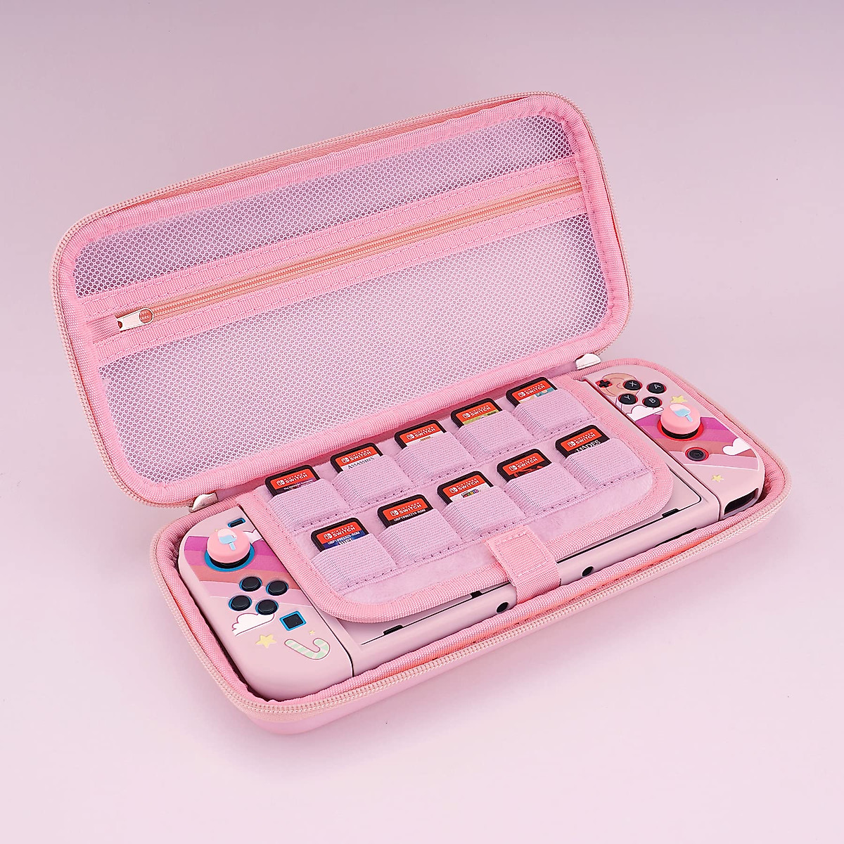 PlayVital Pink Cute Carrying Case for Nintendo Switch & OLED, Thumb Grip Caps & Kitten & Chicken Slim Travel Case for Switch Portable Hardshell Girl Storage Game Accessories