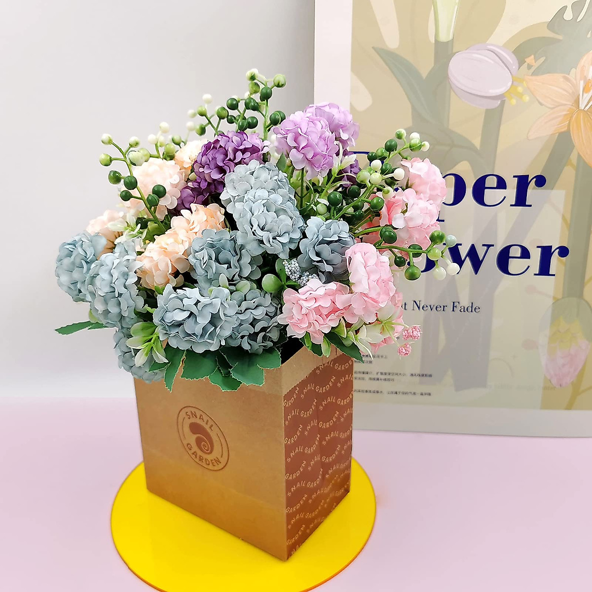 SNAIL GARDEN 40Heads Artificial Hydrangea Flowers, 4Pack Fake Silk Mini Hydrangea with 1 Vase Kraft Paper Bag-Mini Artificial Chrysanthemum Ball Perfect for Home Office Wedding Baby Shower Party Decor